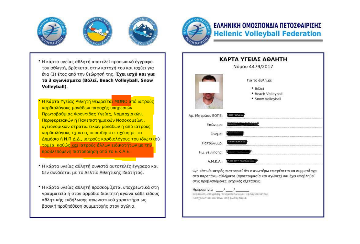 ΘΕΩΡΗΣΗ ΚΑΡΤΑ ΥΓΕΙΑΣ- ΠΙΣΤΟΠΟΙΗΜΕΝΟΙ ΓΙΑΤΡΟΙ ΕΚΑΕ – Πειραϊκός Volleyball